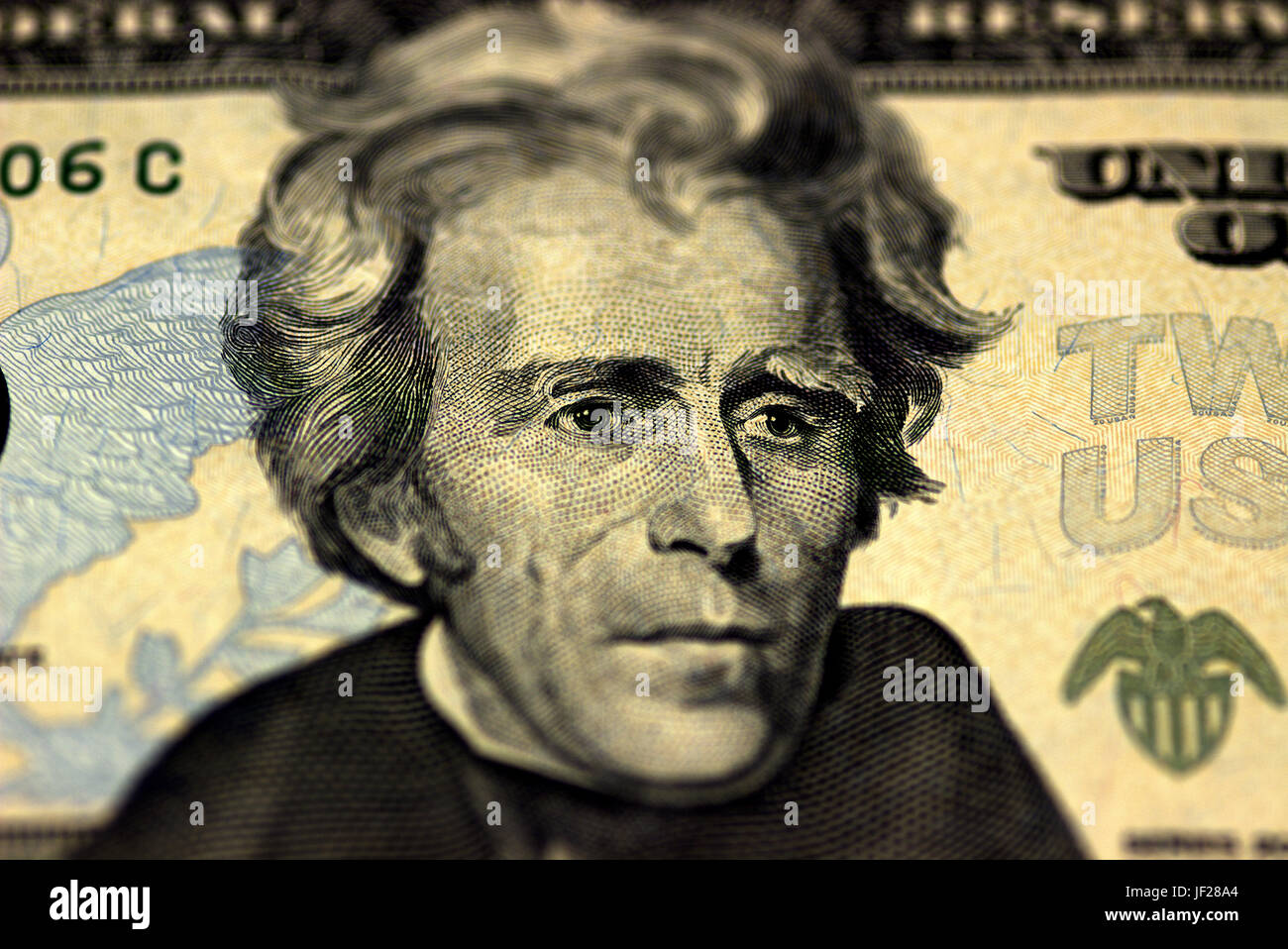Andrew Jackson face on US twenty or 20 dollars bill macro, united ...