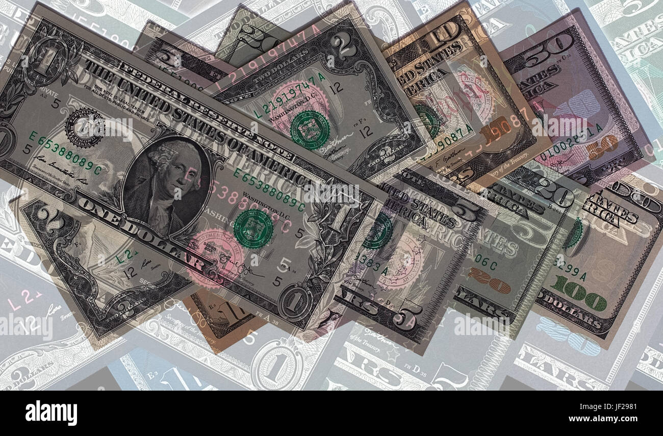 Abstract dollar bills of different denominations background Stock Photo ...