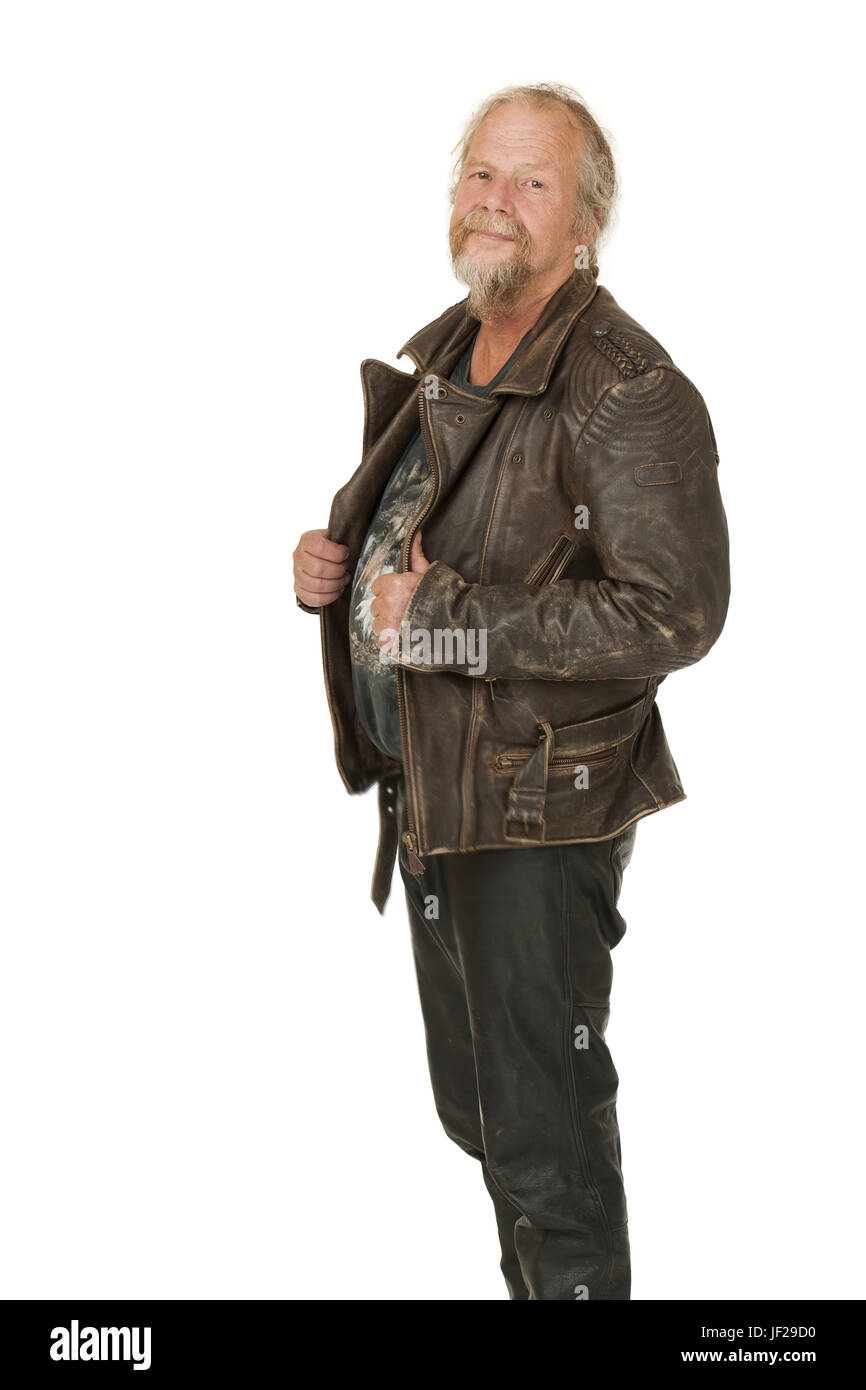 elderly man in leather jacket on white Stock Photo - Alamy