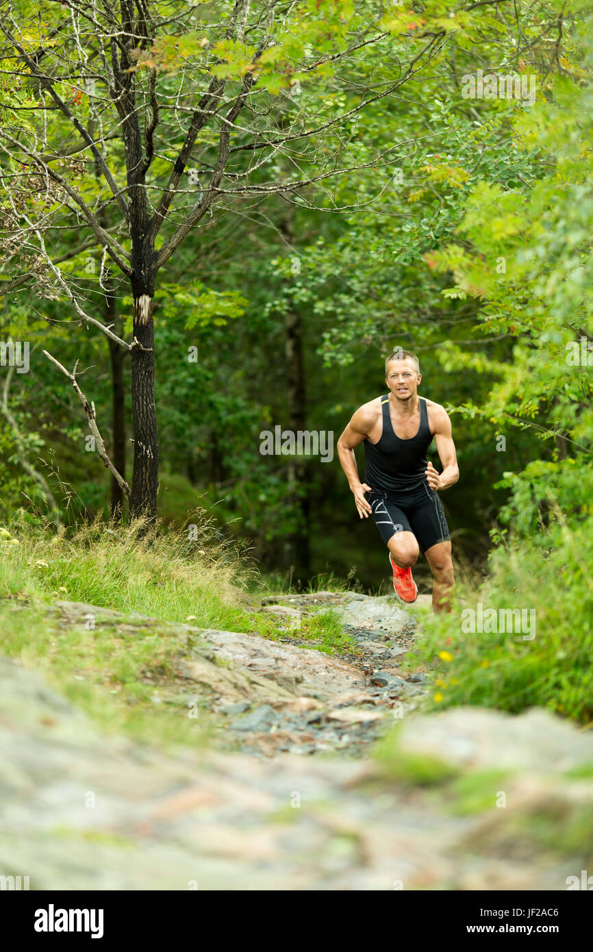 Man running in forest Stock Photo - Alamy