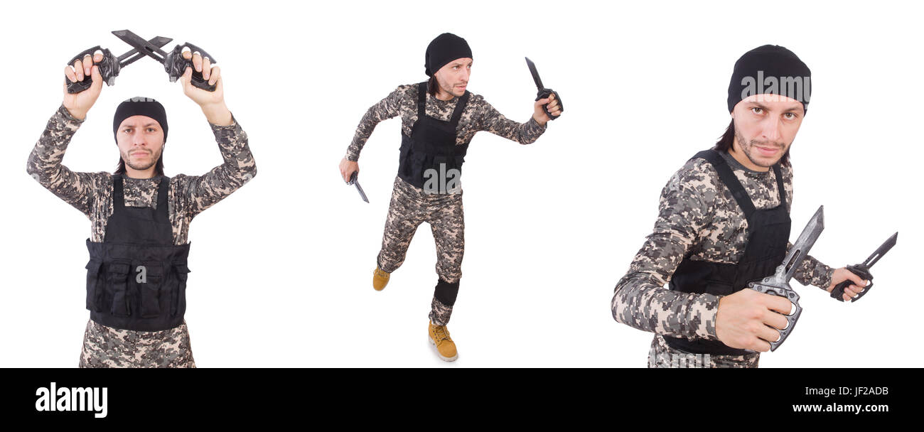 Soldier with knife isolated on white Stock Photo - Alamy