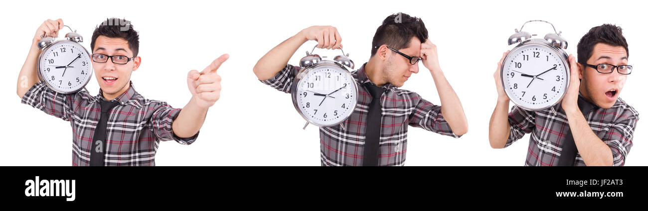 Young man with clock isolated on white Stock Photo - Alamy