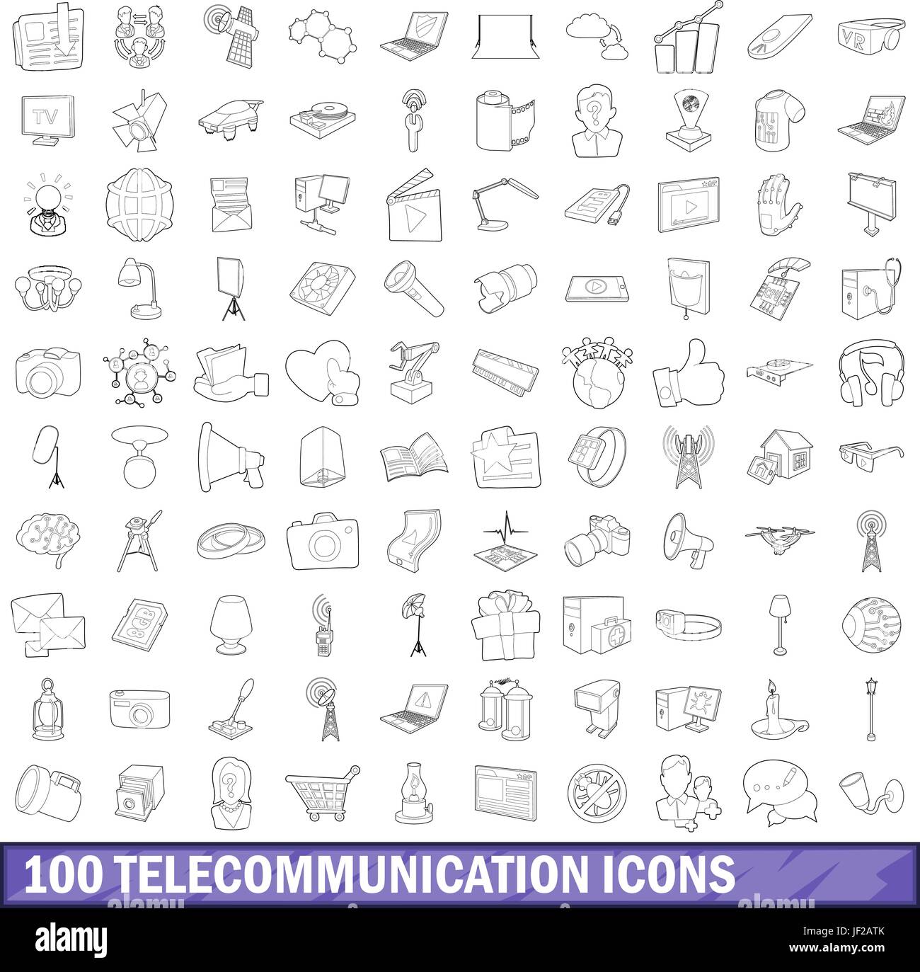 100 telecommunication icons set, outline style Stock Vector Image & Art ...
