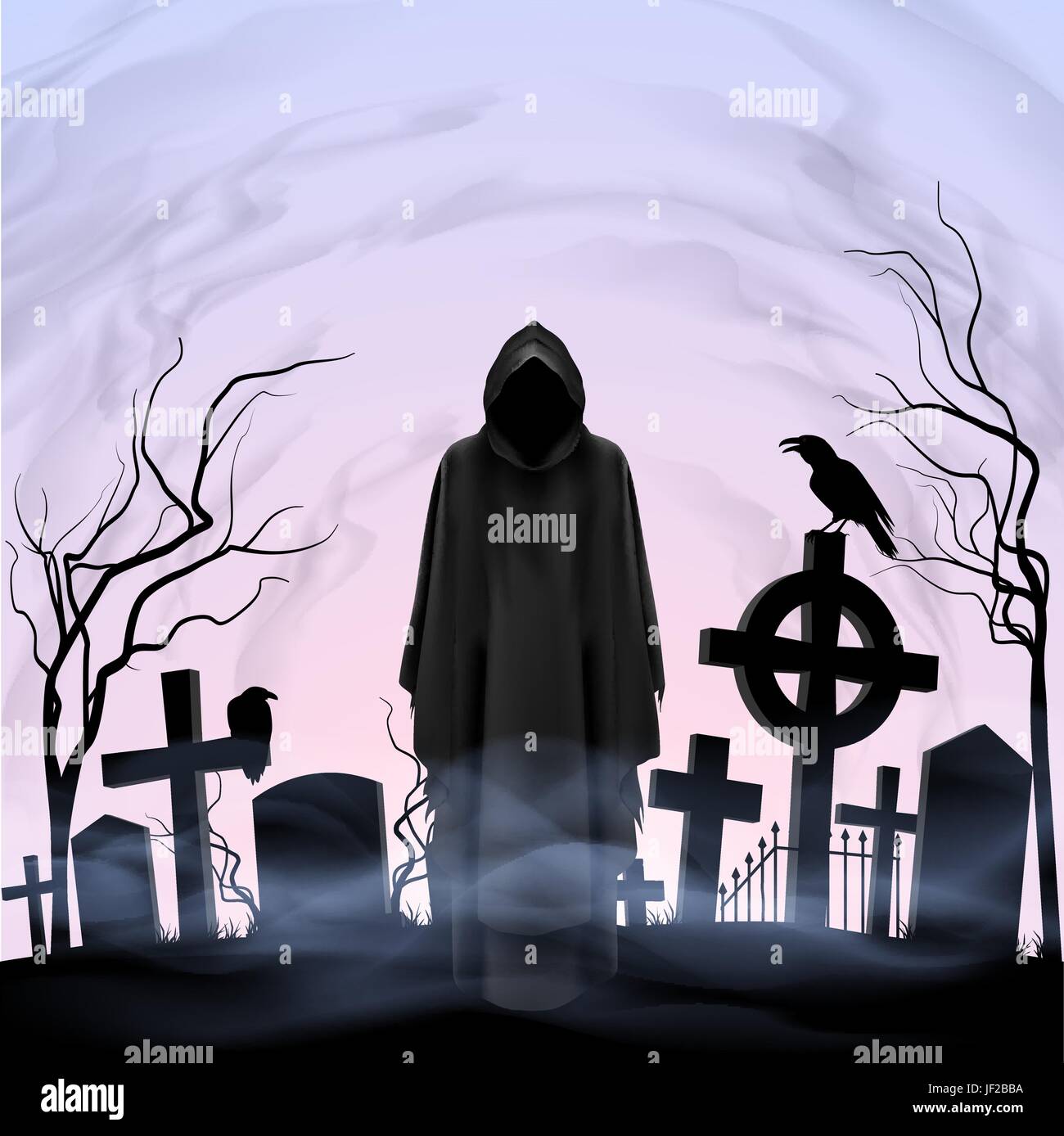 death, tree, bird, cross, fog, black, swarthy, jetblack, deep black ...