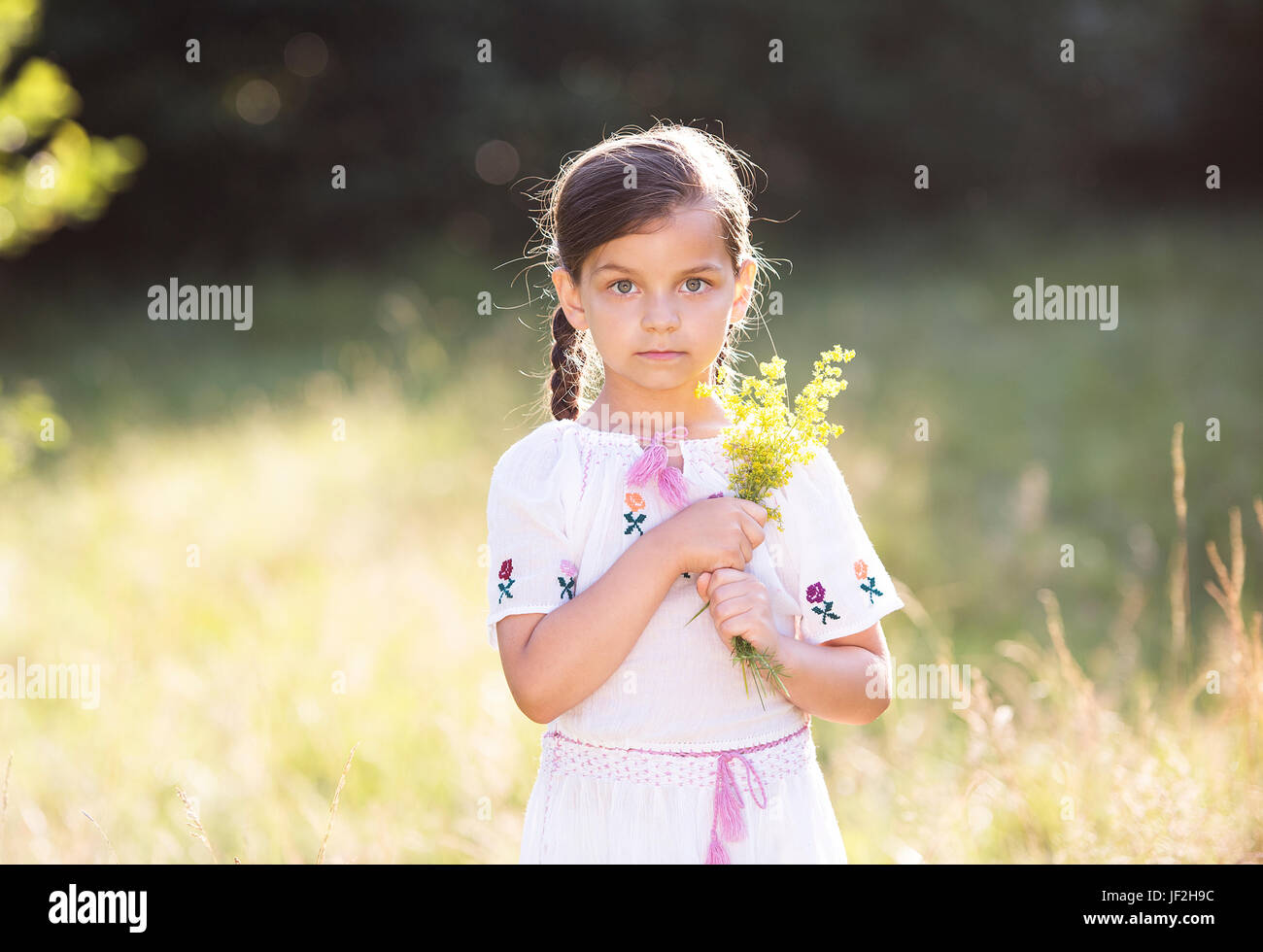 little happy girl with tight braids wearing traditional romanian blouse ...