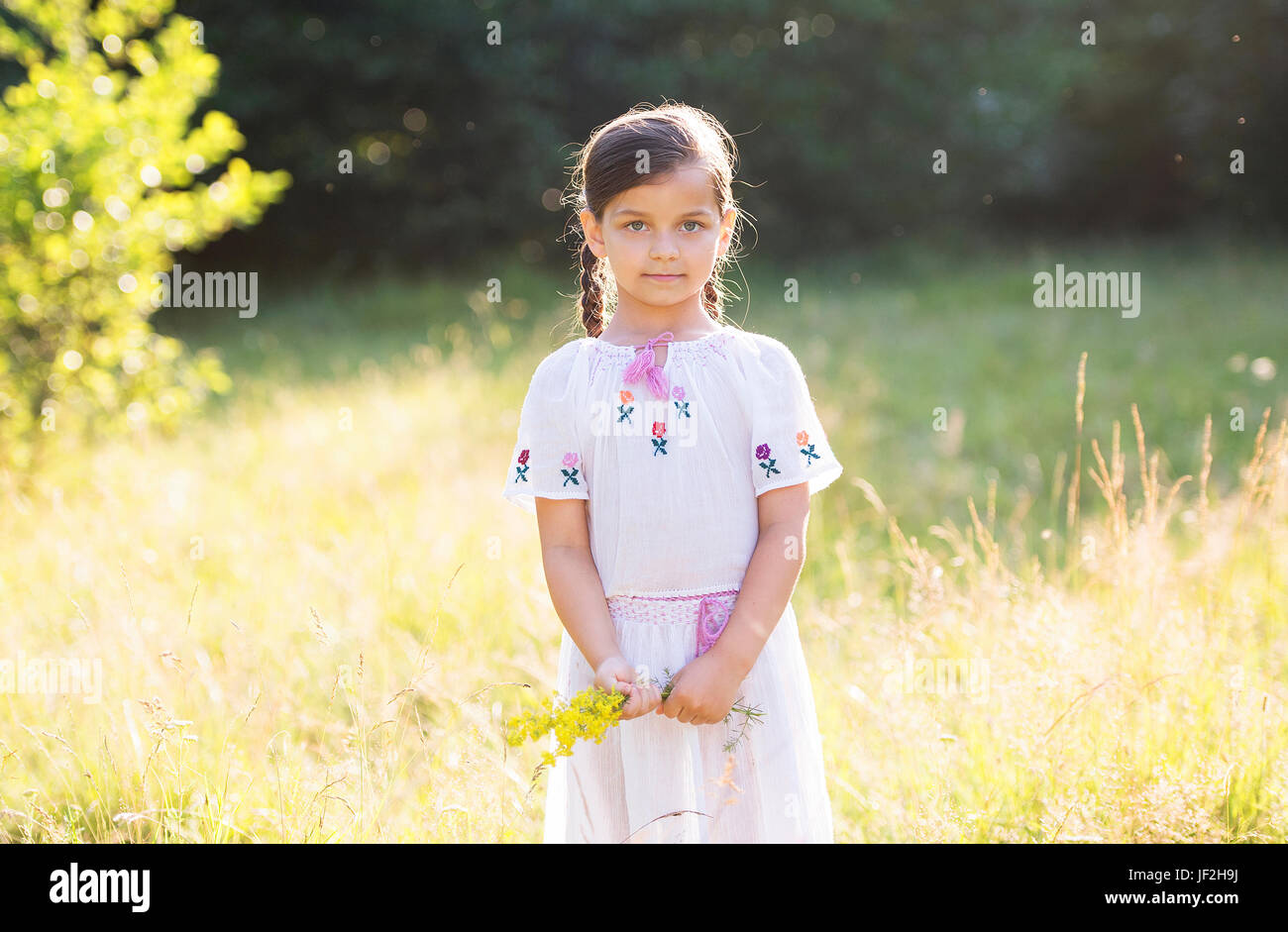 little happy girl with tight braids wearing traditional romanian blouse ...