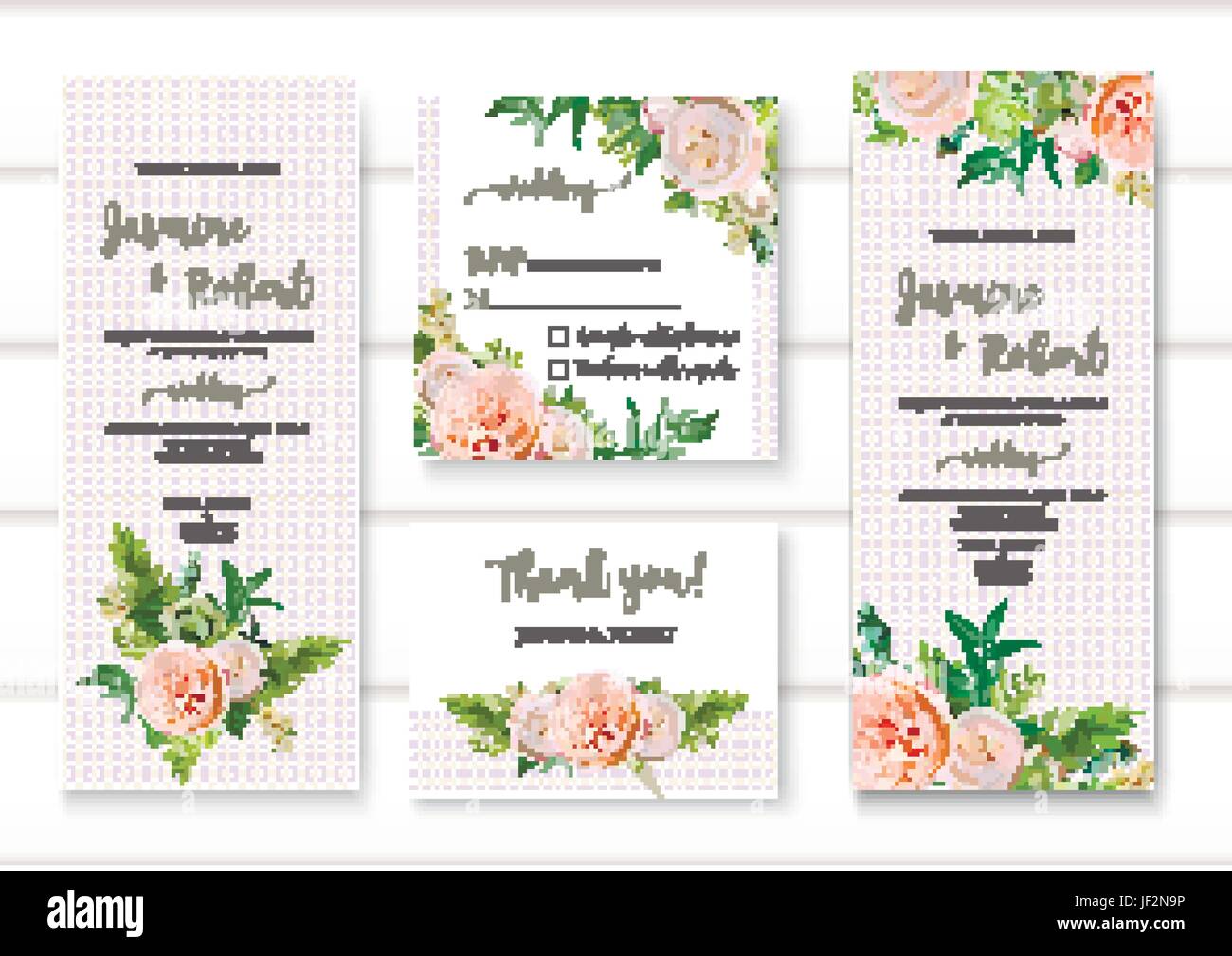 Wedding invitation, floral invite card with pink garden rose green ...
