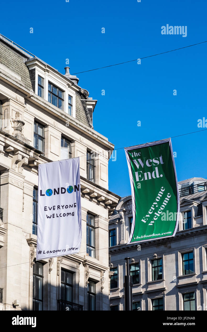 London everyone welcome & London is open banner across the street ...