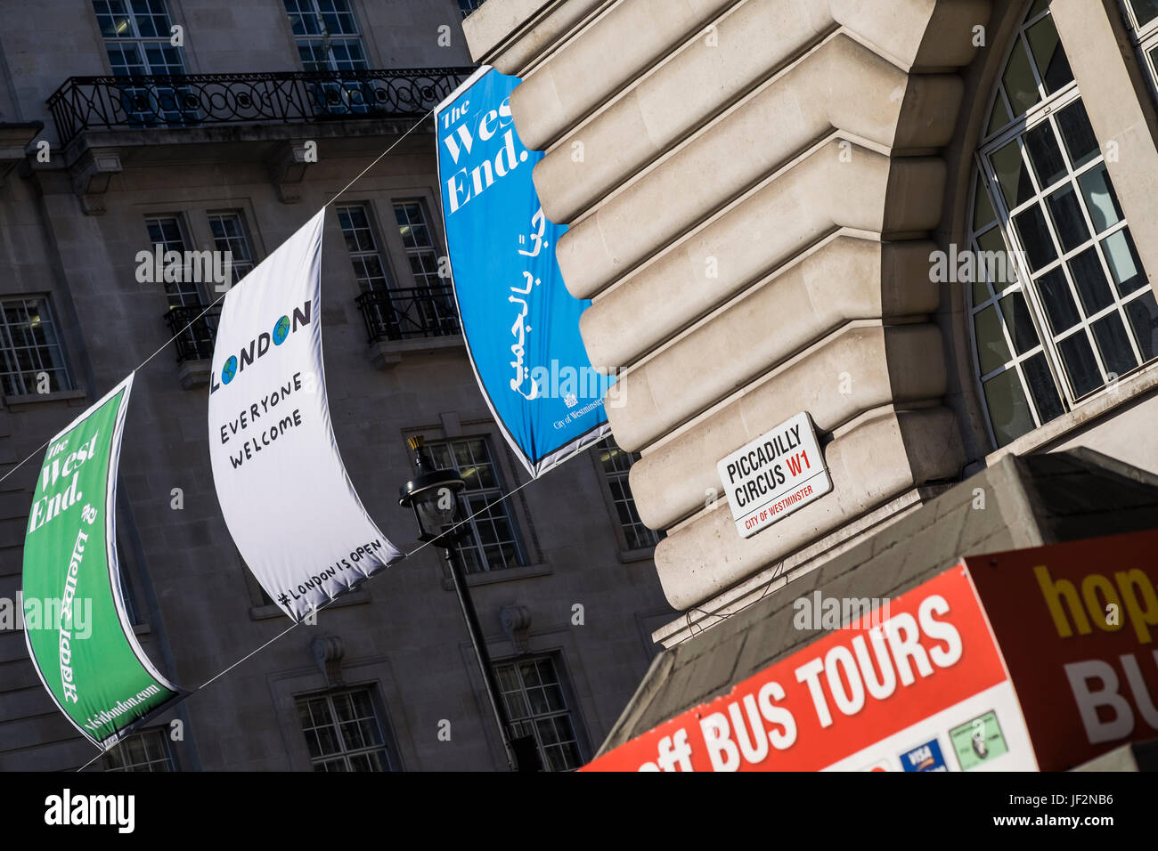 London everyone welcome & London is open banner across the street ...