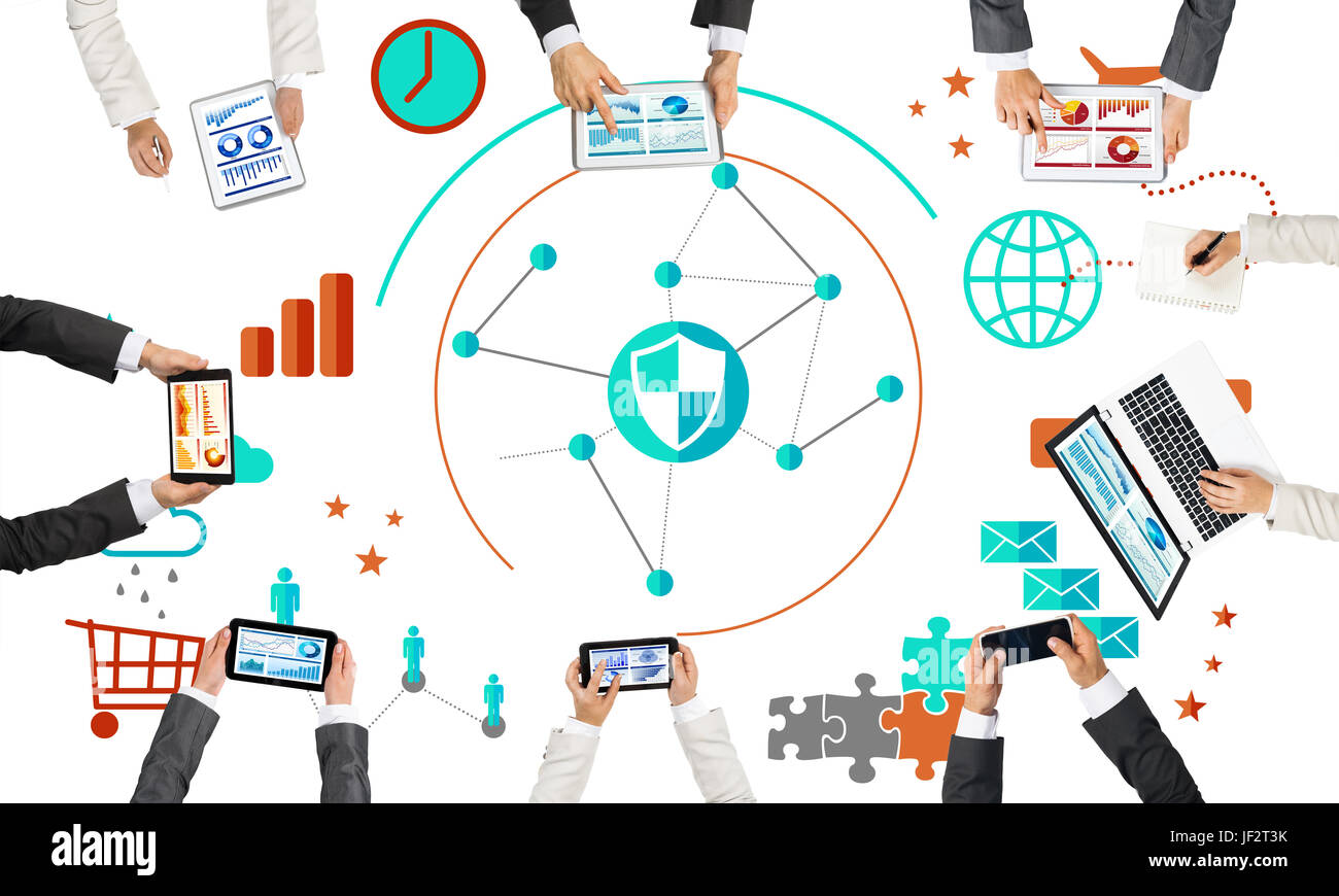 Group of people with devices in hands working together as symbol of ...