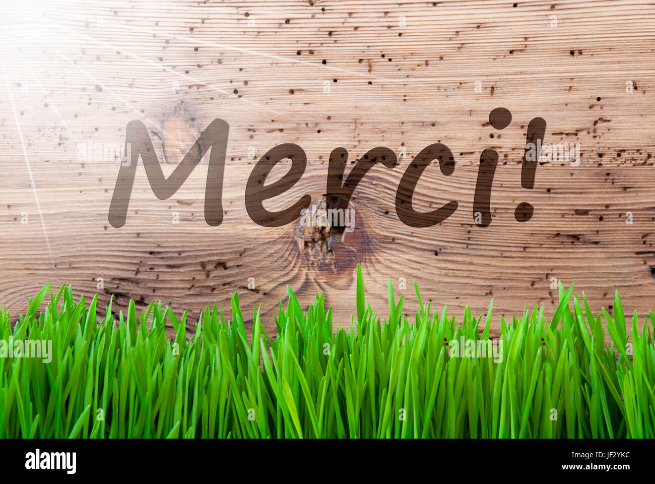 Bright Sunny Wooden Background, Gras, Merci Means Thank You Stock Photo ...