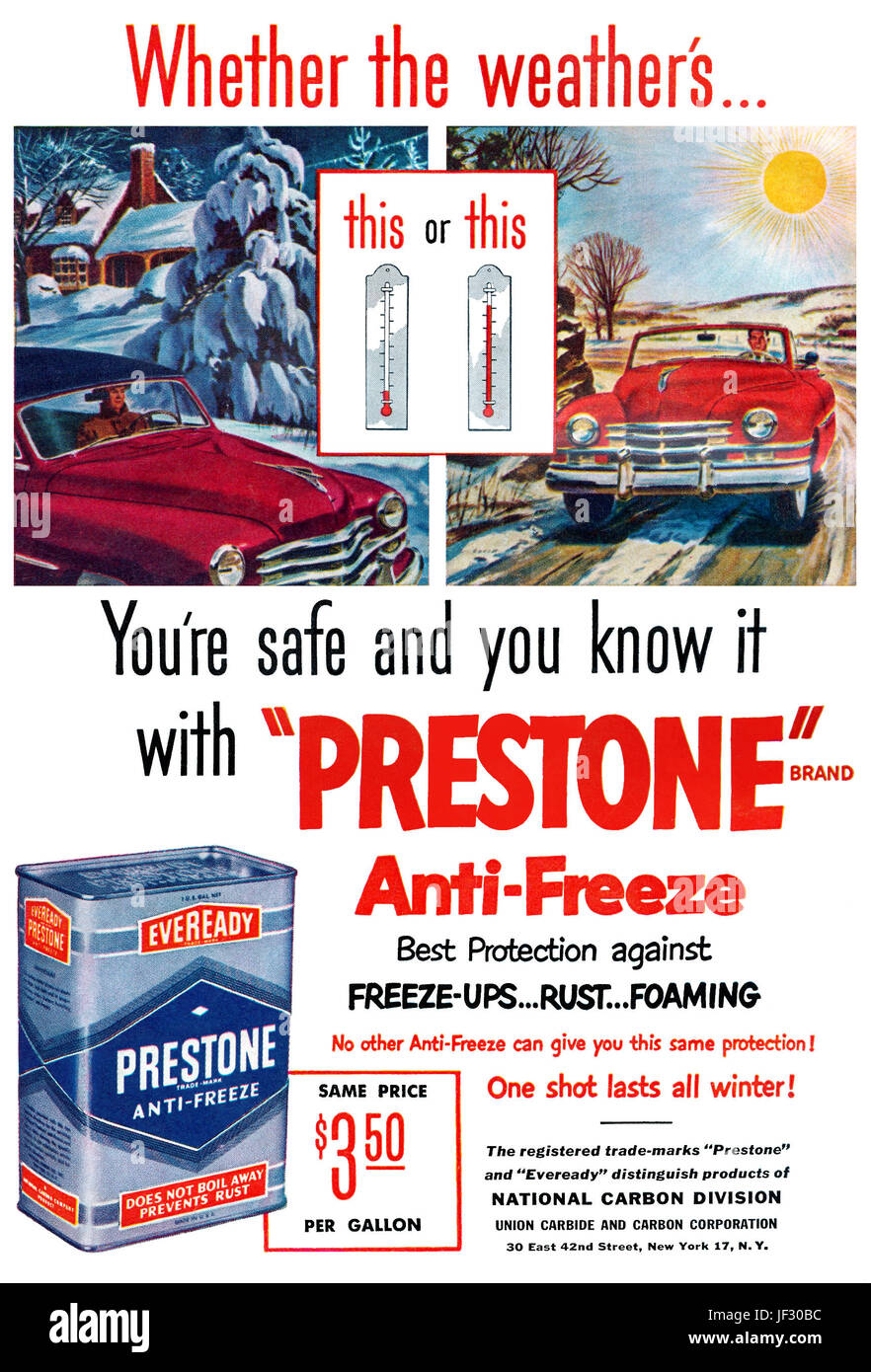 1950 U.S. advertisement for Prestone Anti-Freeze by Eveready Stock ...