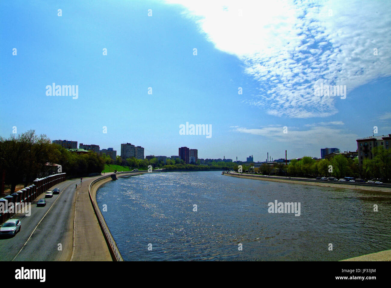 the road on the embankment of the Moscow river in the spring, Russia ...
