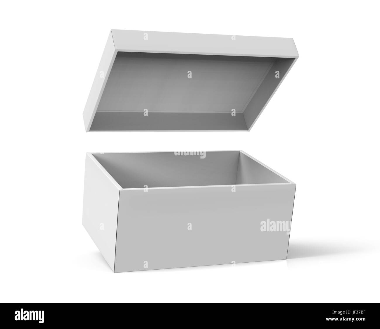 3d rendering slanting blank open paper box with floating lid for design ...