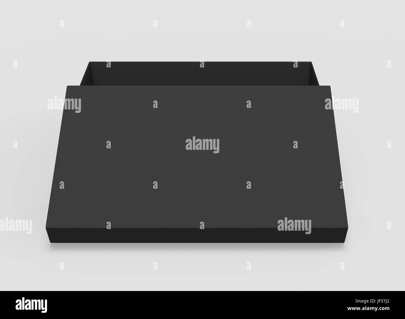 3d rendering black blank half open box with lid, isolated light gray ...