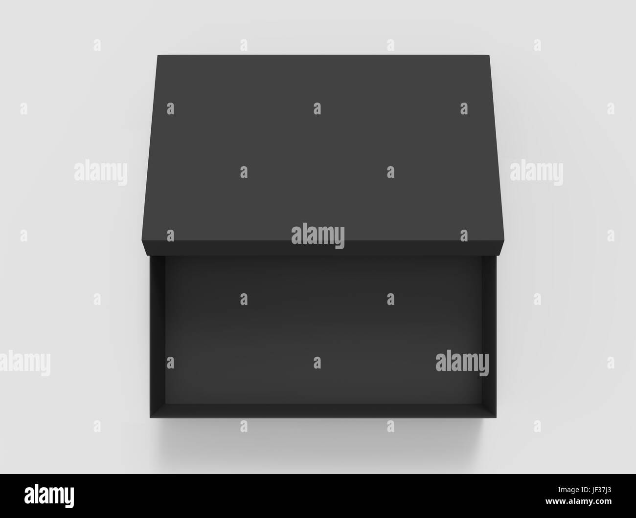 3d rendering black blank half open box with lid, isolated light gray ...