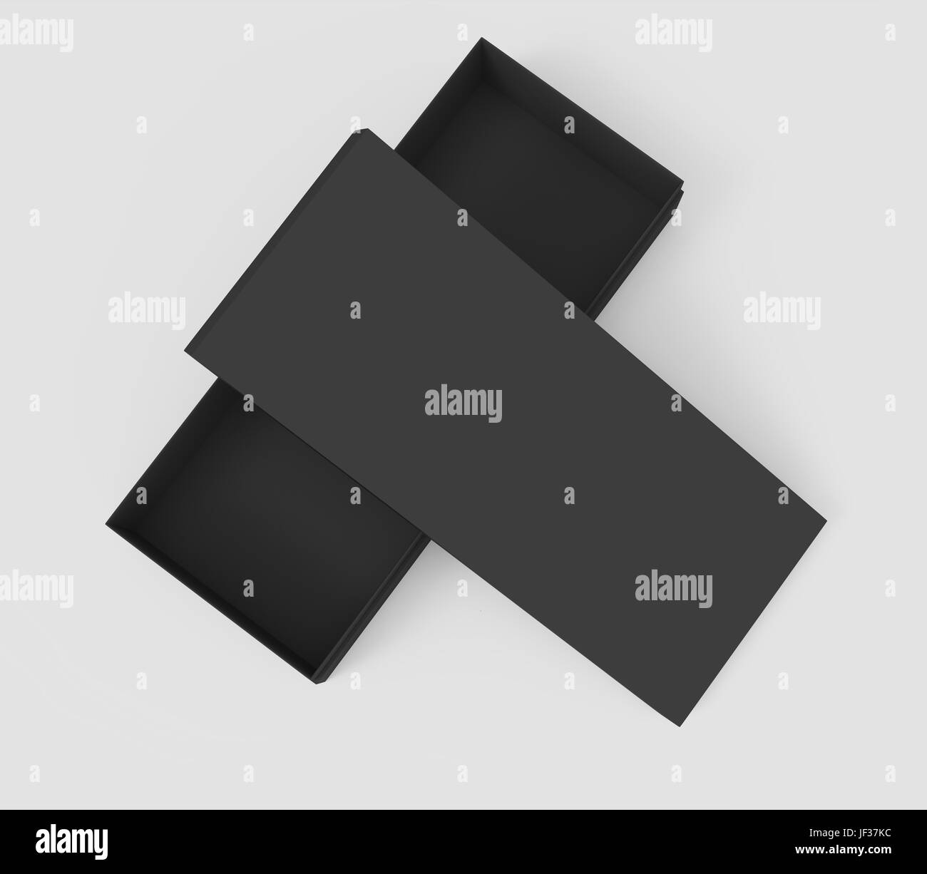 3d rendering black blank half open box and lid, placed in cross shape ...