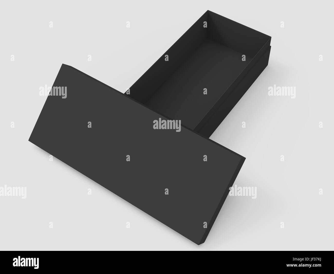 3d rendering black blank half open box and lid, placed in T shape ...