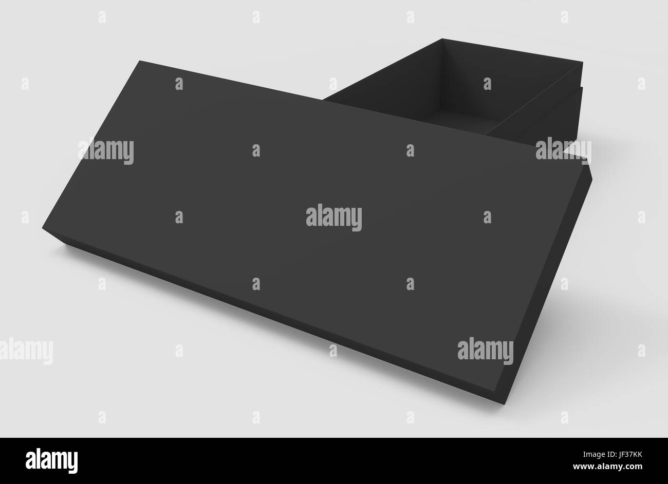 3d rendering black blank half open box and lid, placed in T shape ...