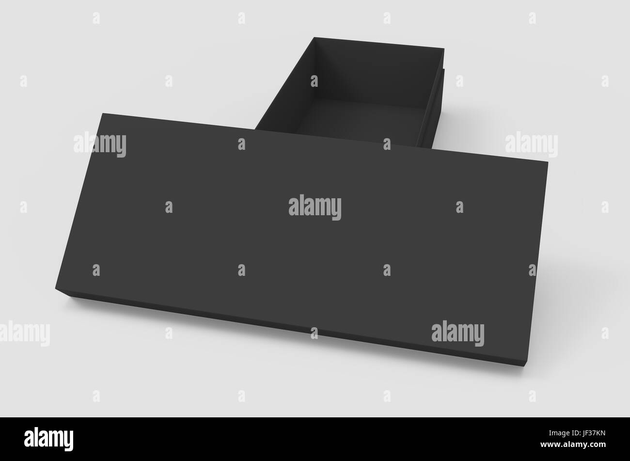 3d rendering black blank half open box and lid, placed in T shape ...