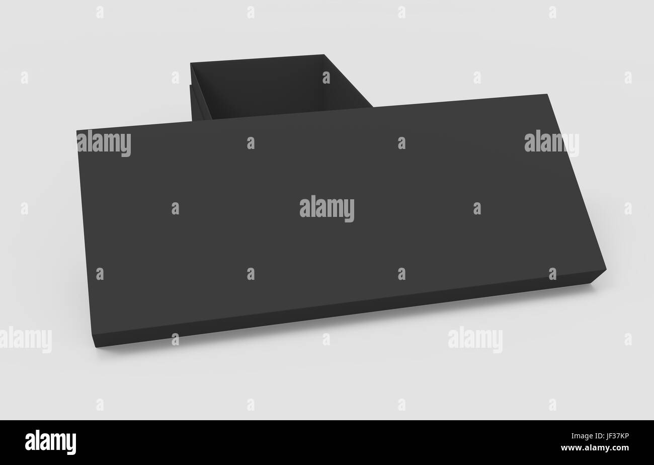 3d rendering black blank half open box and lid, placed in T shape ...