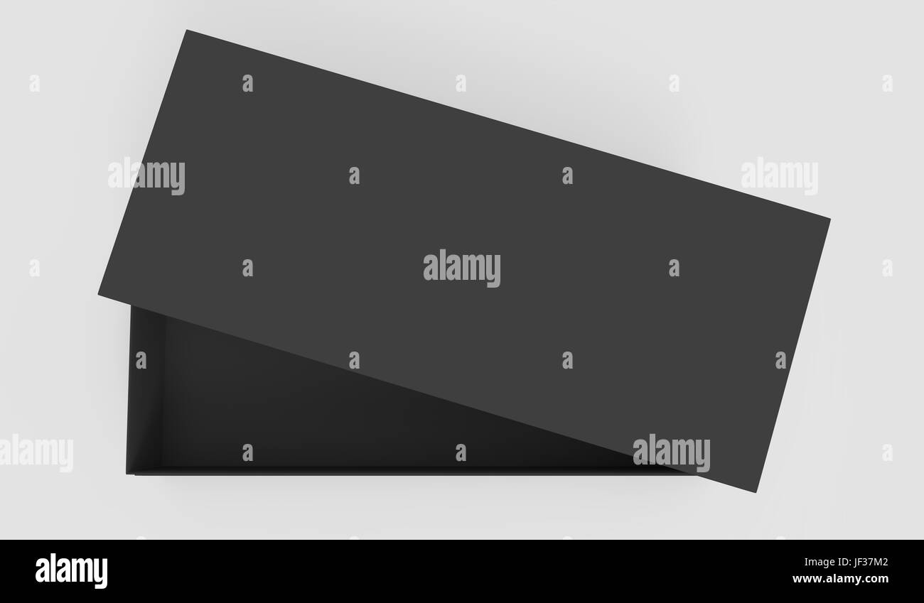 3d rendering black blank half open box with right tilt lid, isolated ...