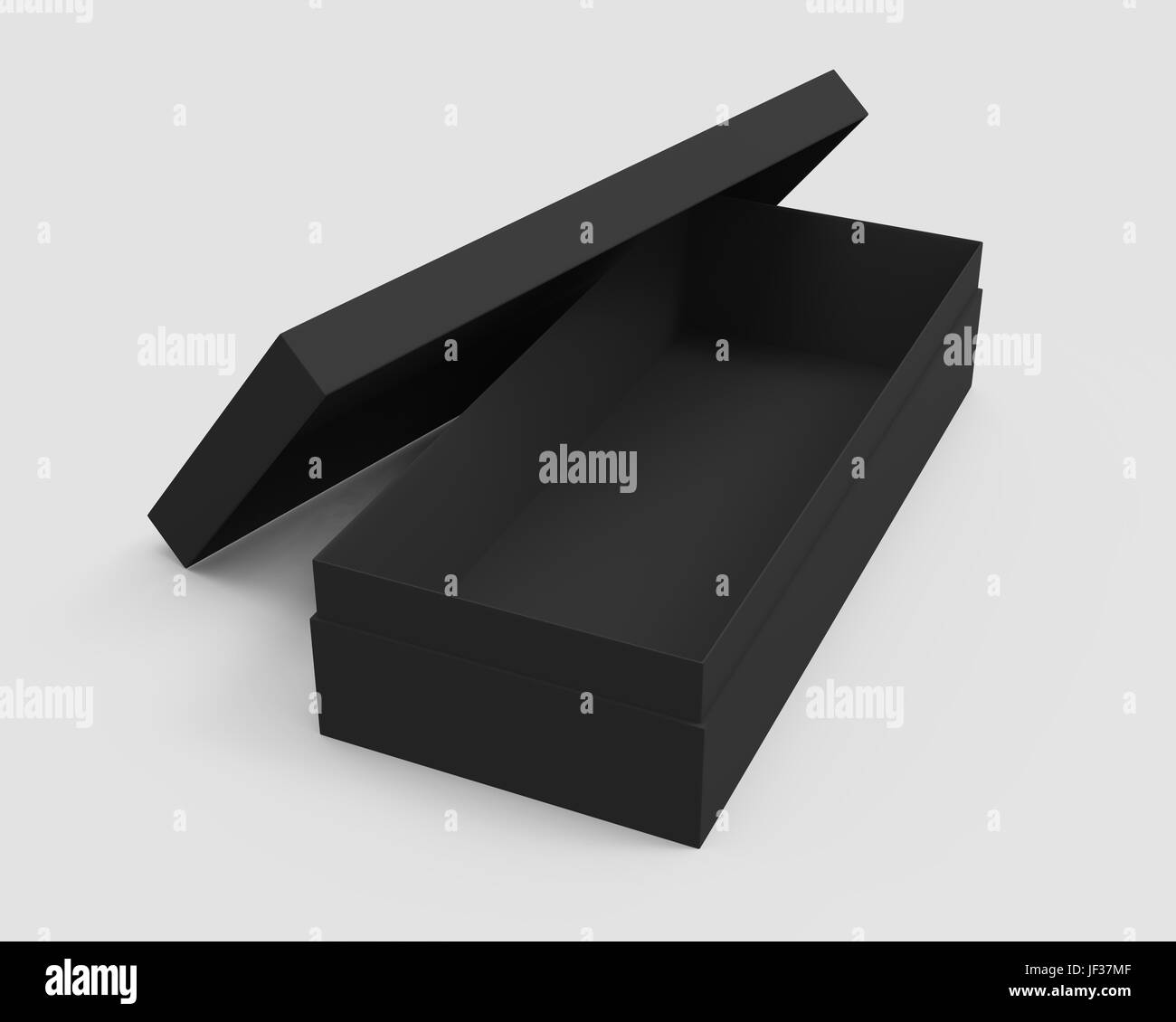 3d rendering left tilt black blank open box with lid, isolated light ...
