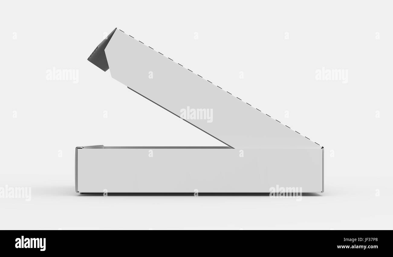 3d rendering white blank left tilt half open pizza box, isolated white ...
