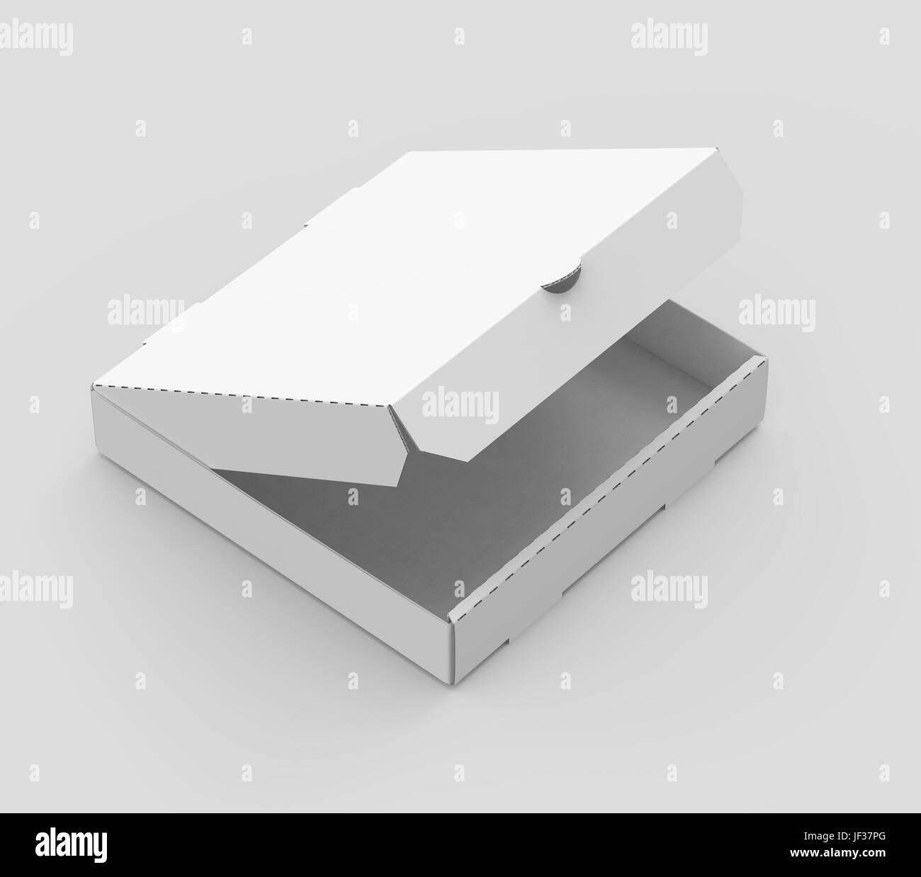 3d rendering white blank right tilt half open pizza box, isolated light ...