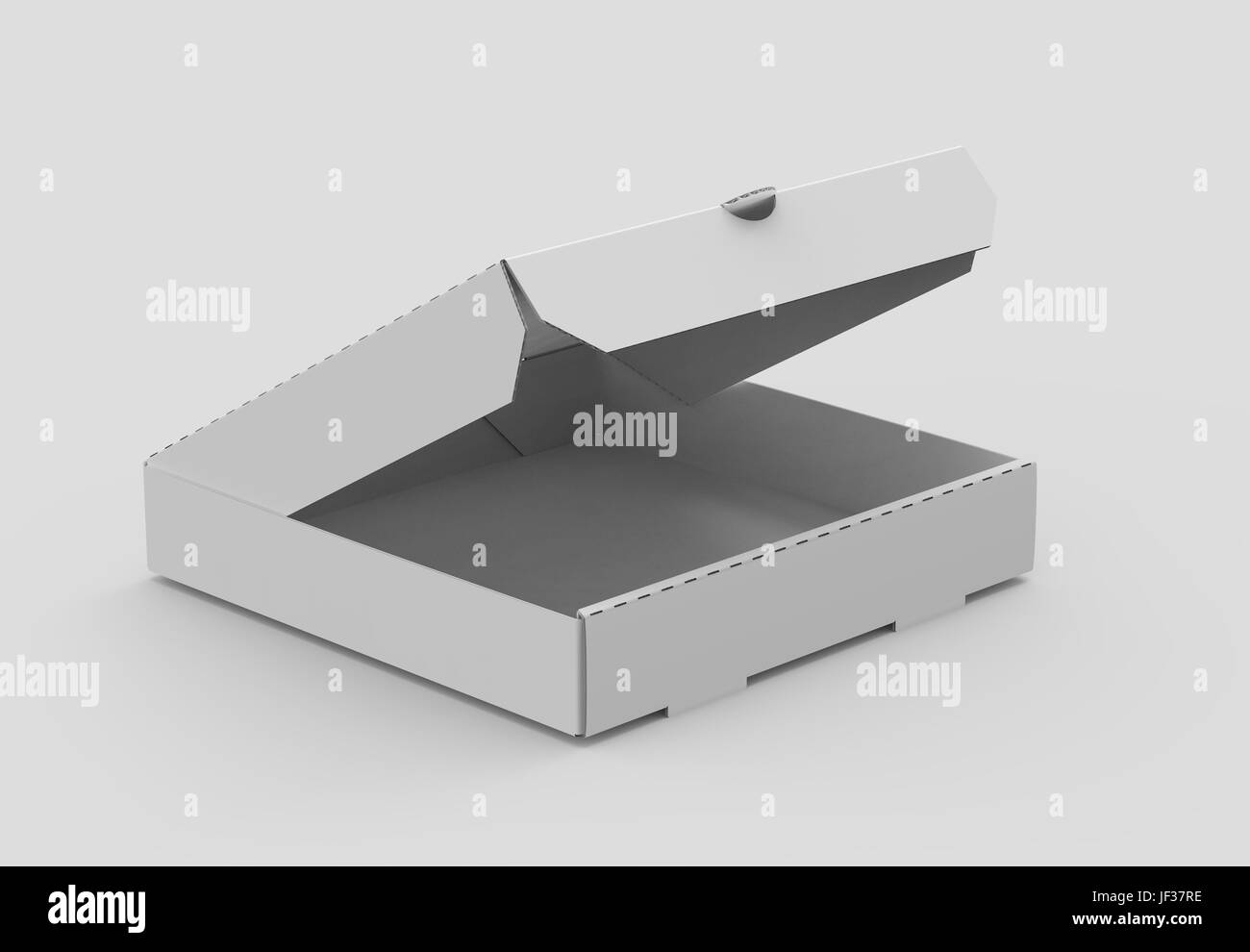 3d rendering white blank right tilt half open pizza box, isolated light ...