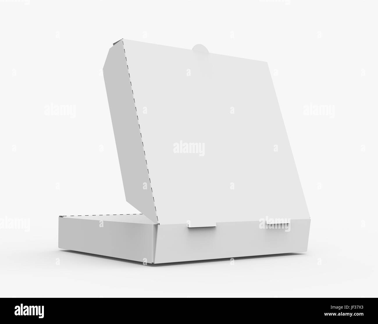 3d rendering white blank left tilt open pizza box, isolated white ...