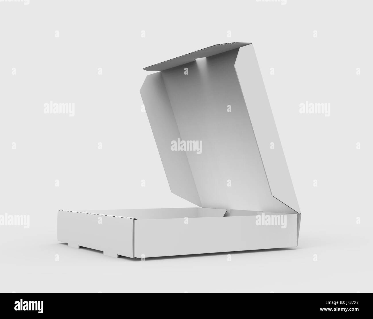 3d rendering white blank left tilt open pizza box, isolated white ...