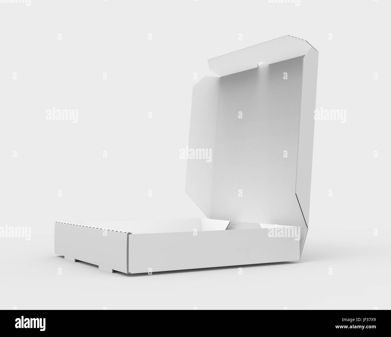 3d rendering white blank left tilt open pizza box, isolated white ...
