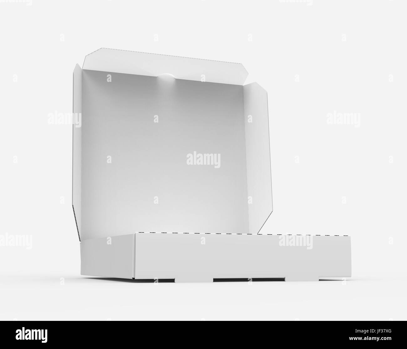 3d rendering white blank right tilt open pizza box, isolated white ...