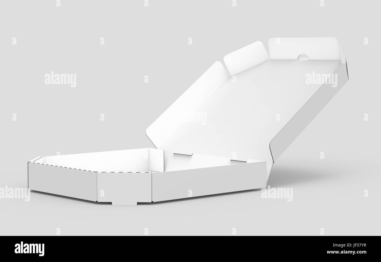 3d rendering white blank left tilt open pizza box, isolated gray ...
