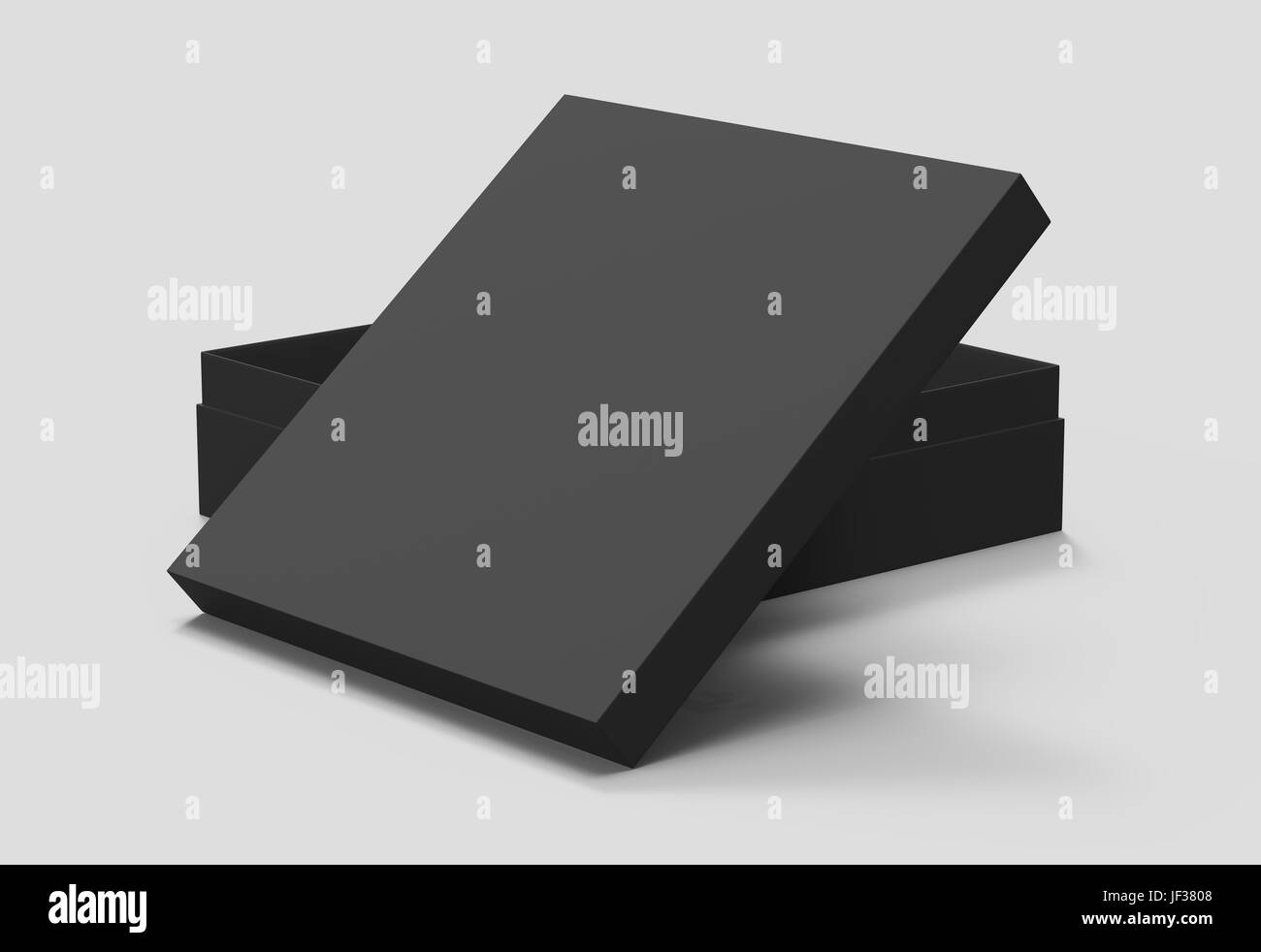 black blank spun paper open box with slanting lid, isolated gray ...