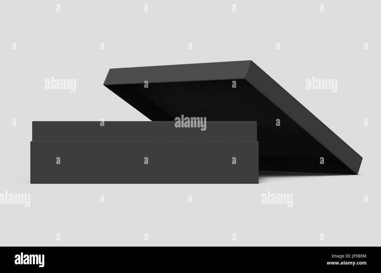 black blank paper open box with leaning lid, isolated gray background ...