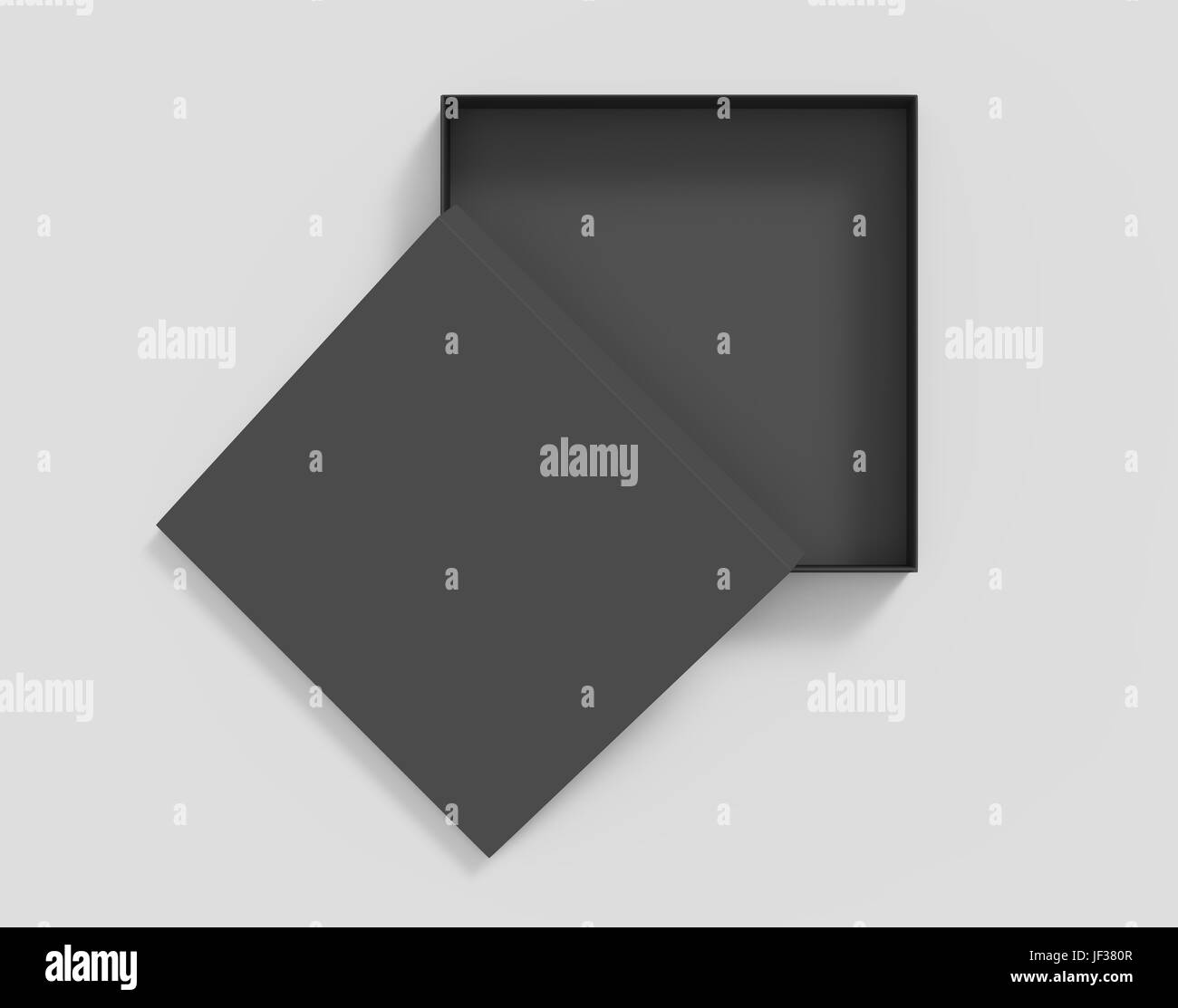 black blank paper open box with leaning lid at the under left, isolated ...