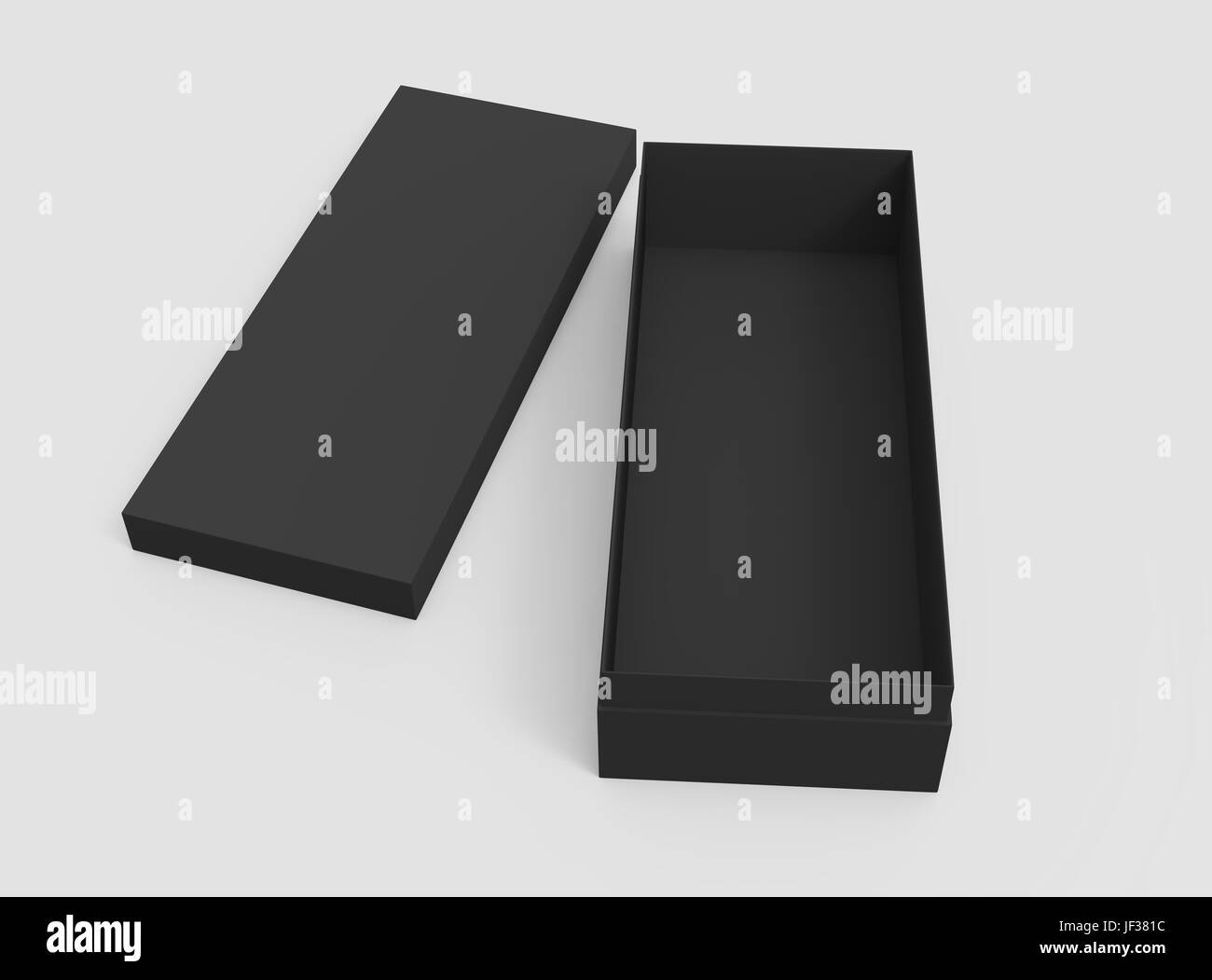 3d rendering left tilt black blank open box with lid on the ground ...