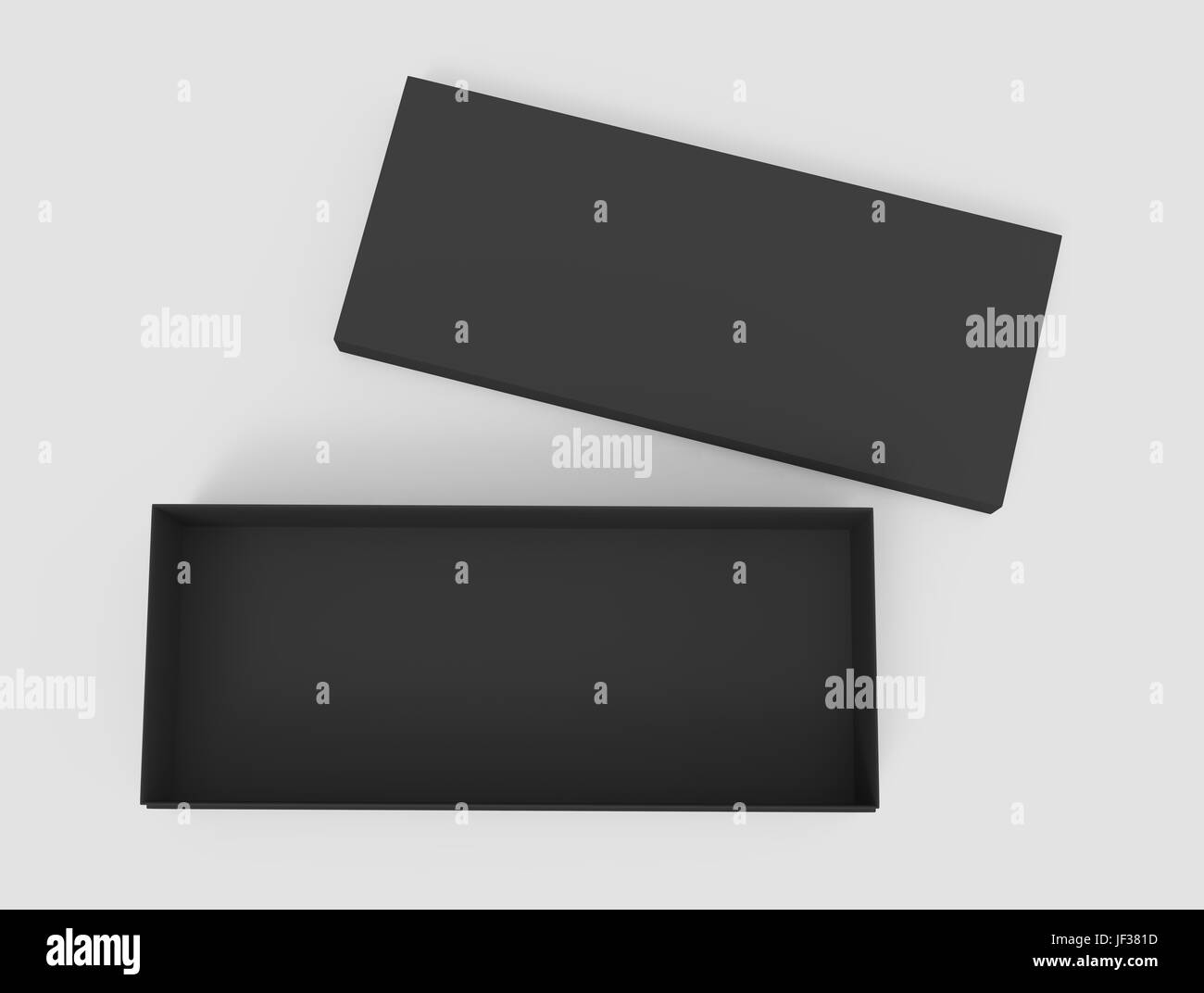 3d rendering black blank open box with right tilt lid on the ground ...