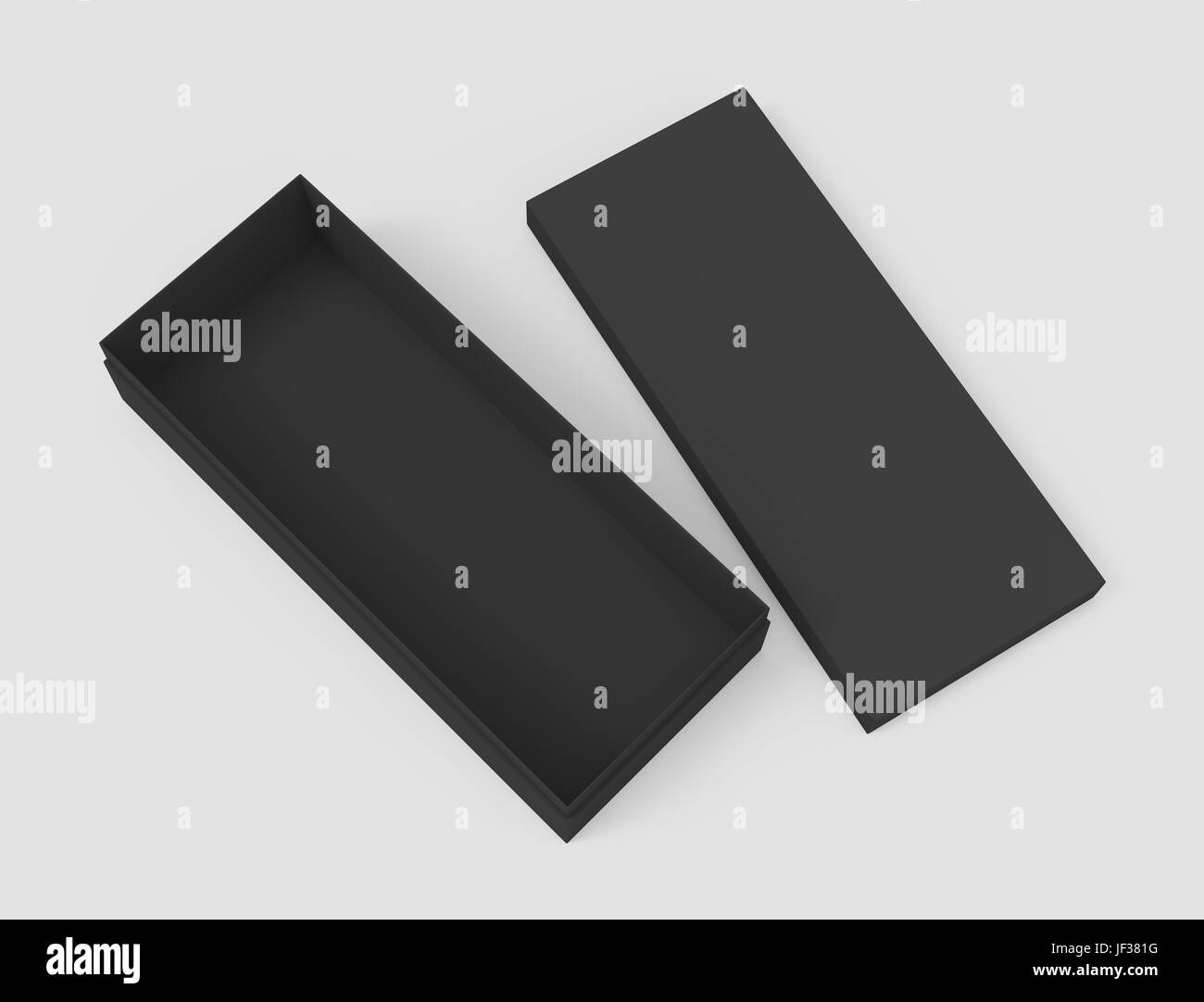 3d rendering black right tilt blank open box with lid on the ground ...