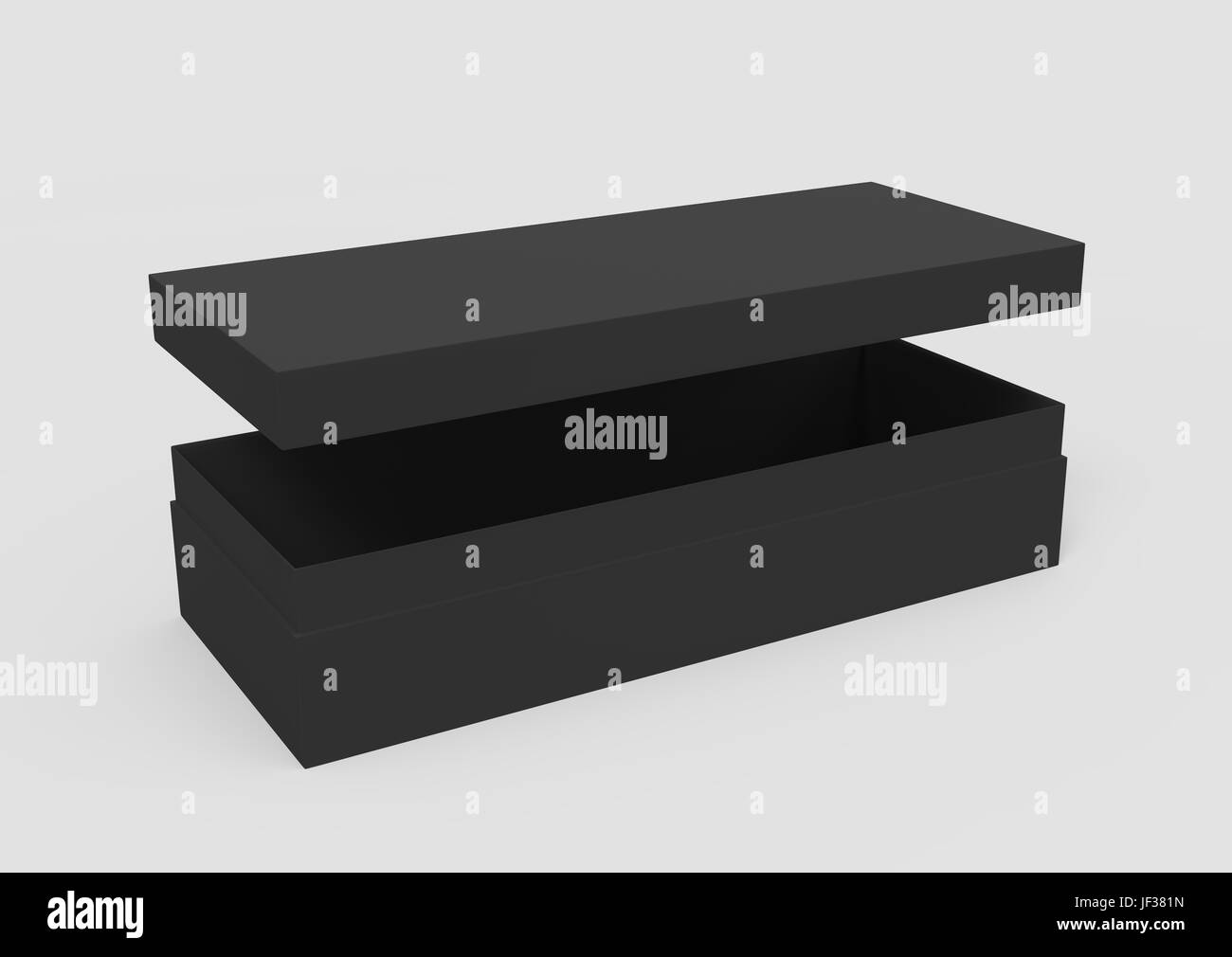 3d rendering left tilt black blank slightly open box with floating lid ...