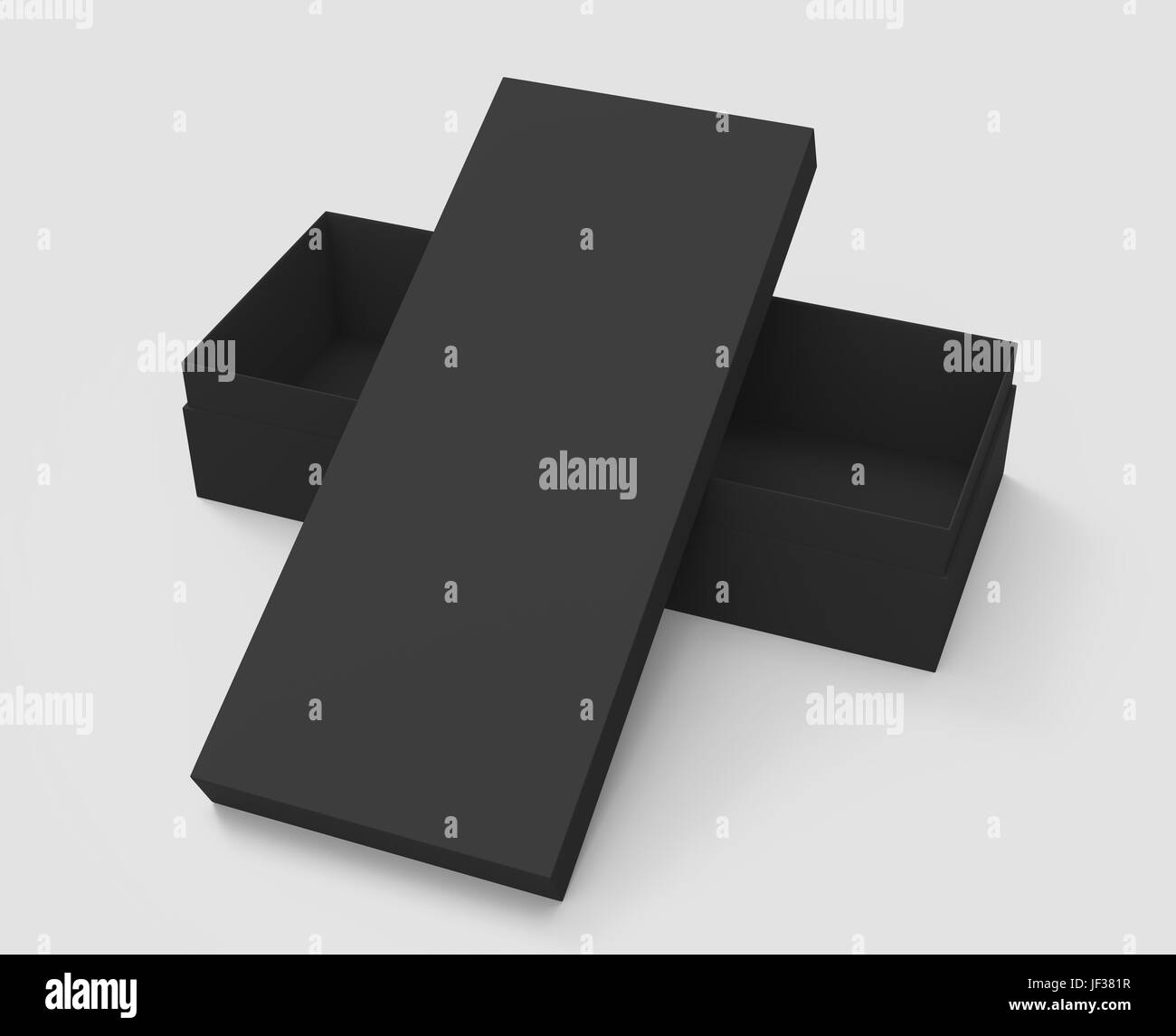 3d rendering black blank half open box and lid, placed in cross shape ...