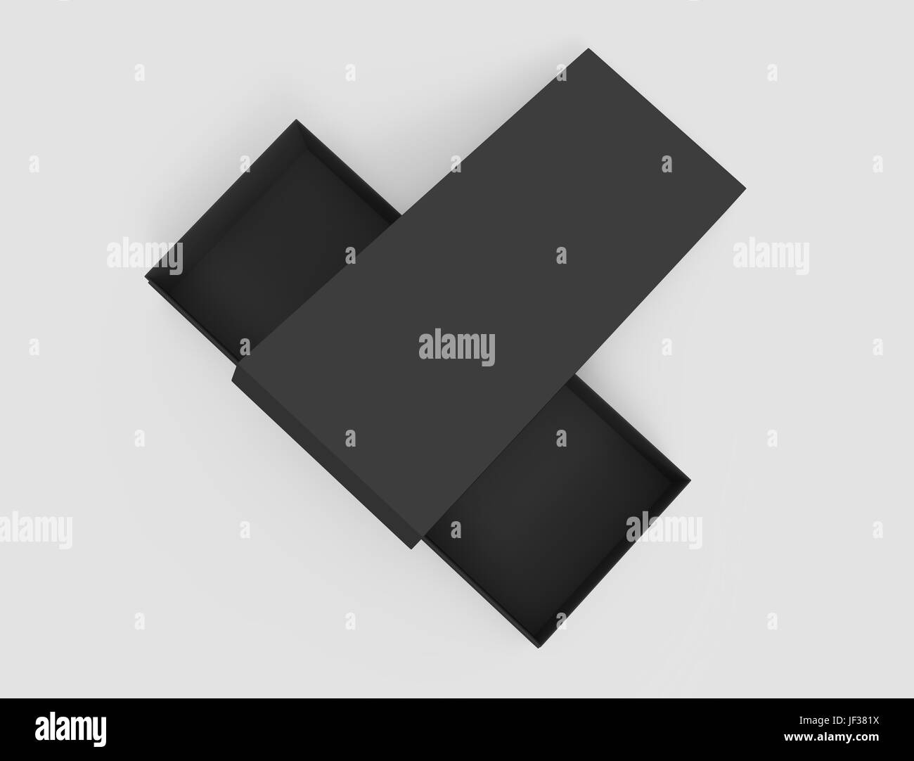 3d rendering black blank half open box and lid, placed in cross shape ...