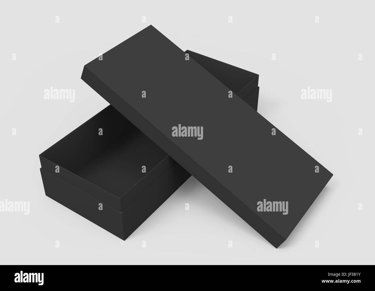 3d rendering black blank half open box and lid, placed in cross shape ...