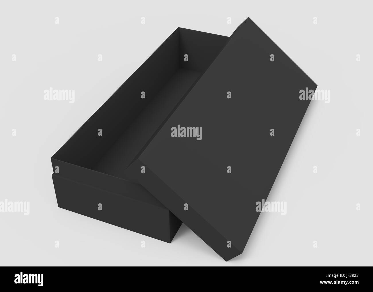 3d rendering left tilt black blank half open box with lid, isolated ...