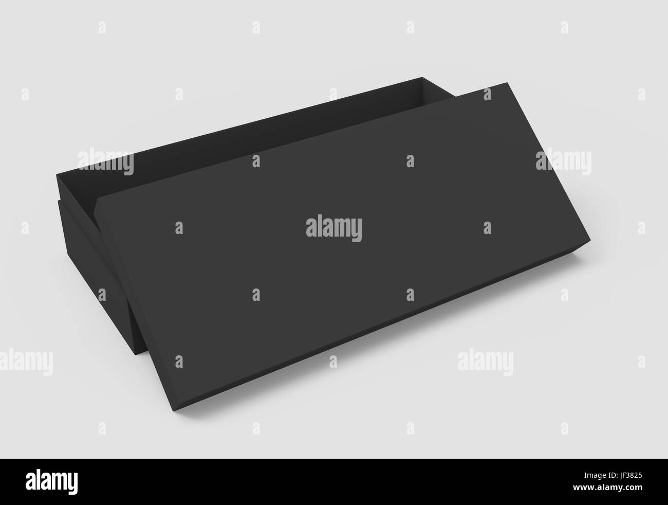 3d rendering left tilt black blank half open box with lid, isolated ...