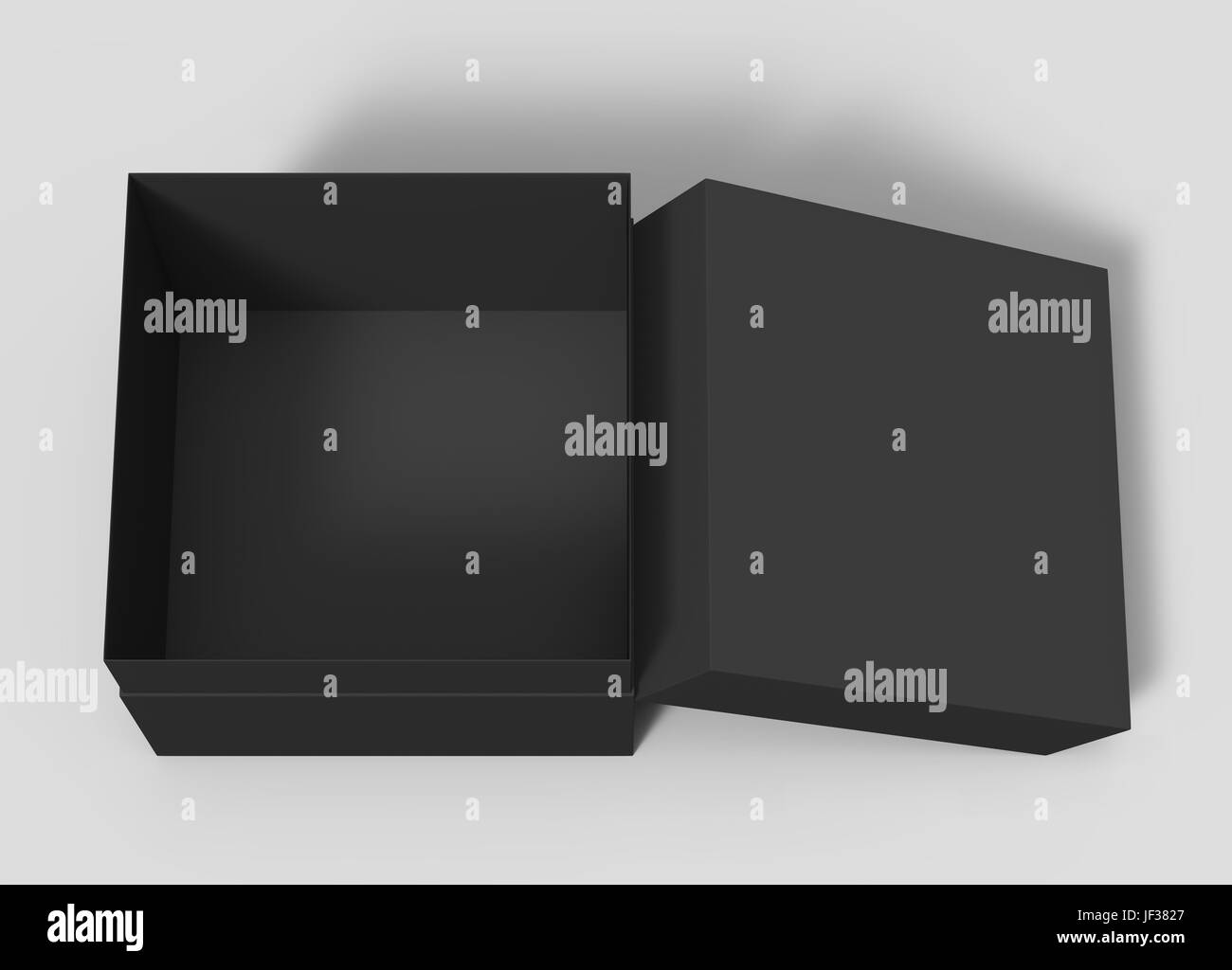 black blank paper open box with lid, isolated gray background, 3d ...