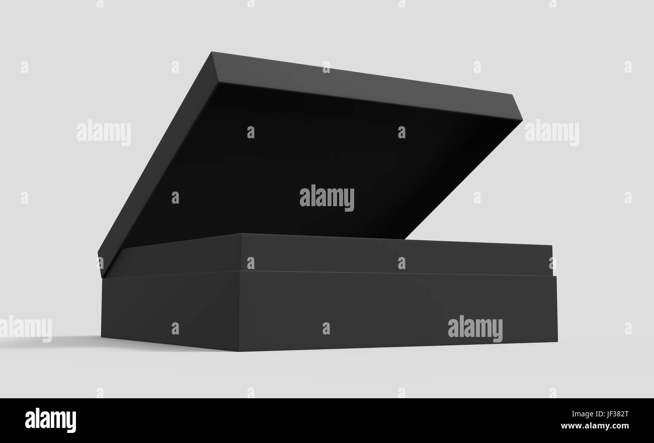 opening black blank paper box with lid, isolated gray background, 3d ...
