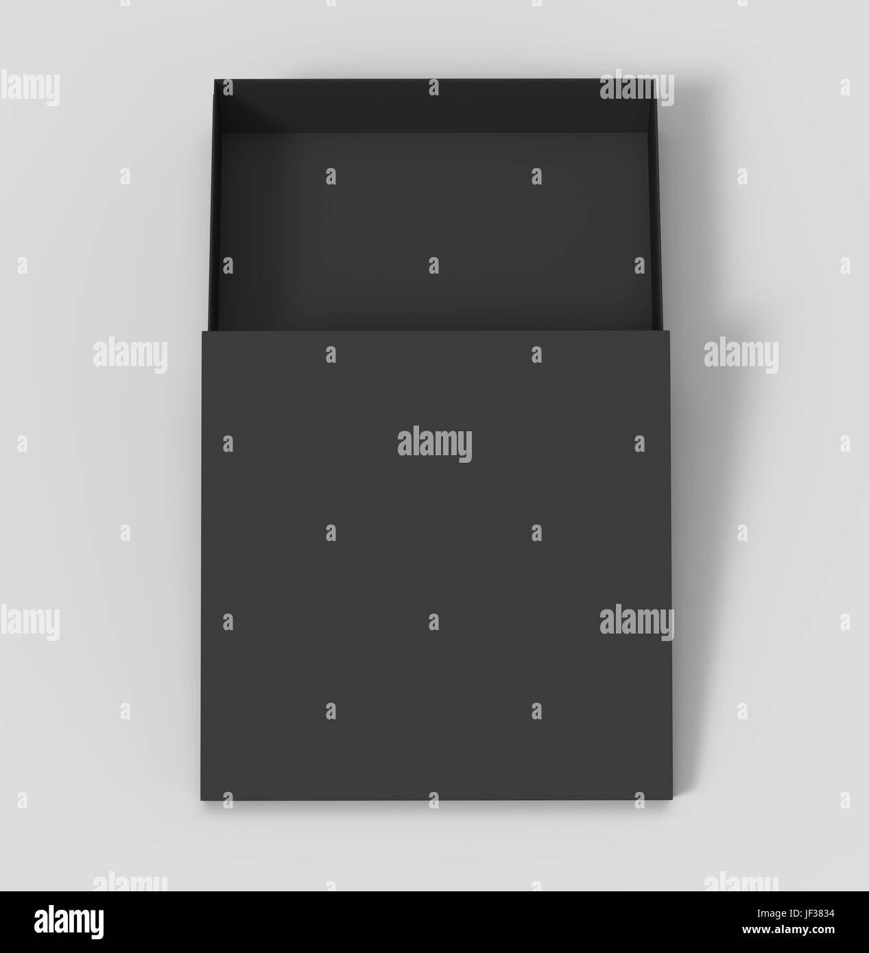 black blank paper open box with lid, isolated gray background, 3d ...
